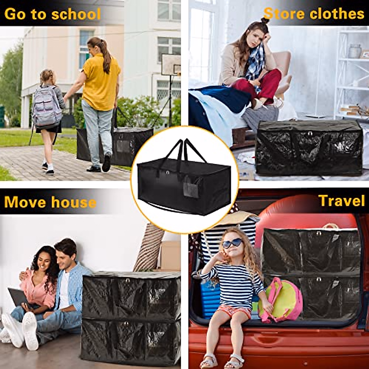 Fixwal Large Moving Storage Bags with Backpack Straps Strong Handles & Zippers, Black Foldable Heavy-Duty Tote for Space Saving, Alternative to Moving Boxes, Plastic Storage Bins (Set of 5)