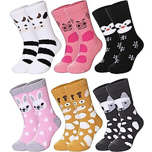 Color City Kids Non Slip Fuzzy Socks Toddlers Boys Girls with Grips Anti-Slip Cozy Fluffy Winter Warm Slipper Socks (6 Pairs Animal D, 4-7 Years)