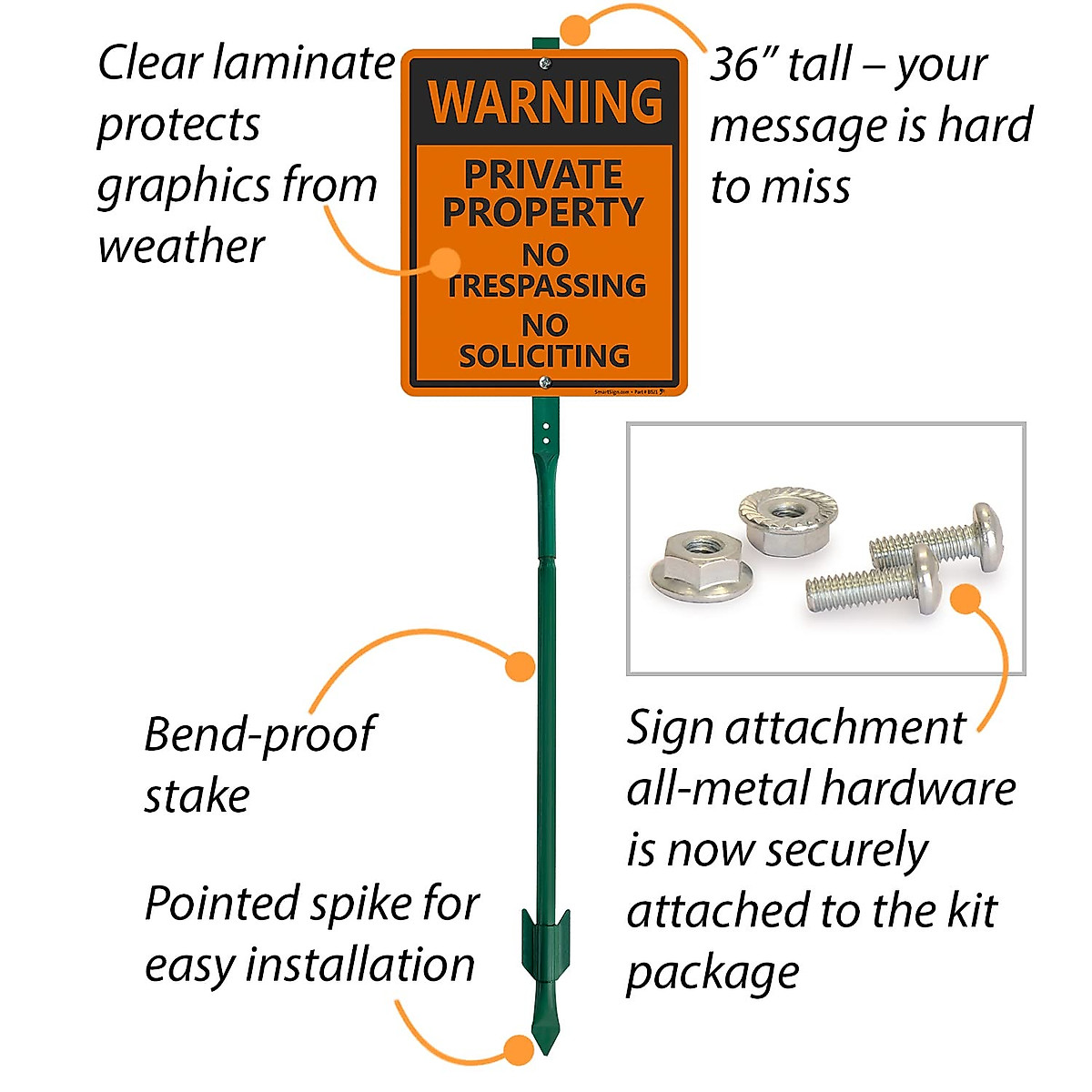 SmartSign "Warning - Private Property, No Trespassing, No Soliciting" LawnBoss® Sign | 10" x 12" Aluminum Sign With 3' Stake