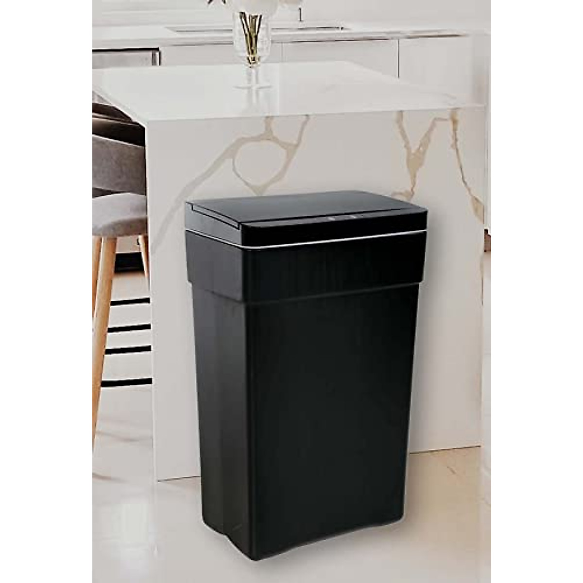 13 Gallon Trash Can Automatic Touch-free Kitchen Garbage Can, Plastic Large Capacity Bathroom Rubbish Can with Lid and Motion Sensor, Smart Trash Can Waste Bin for living Room Office Narrow Space, Black