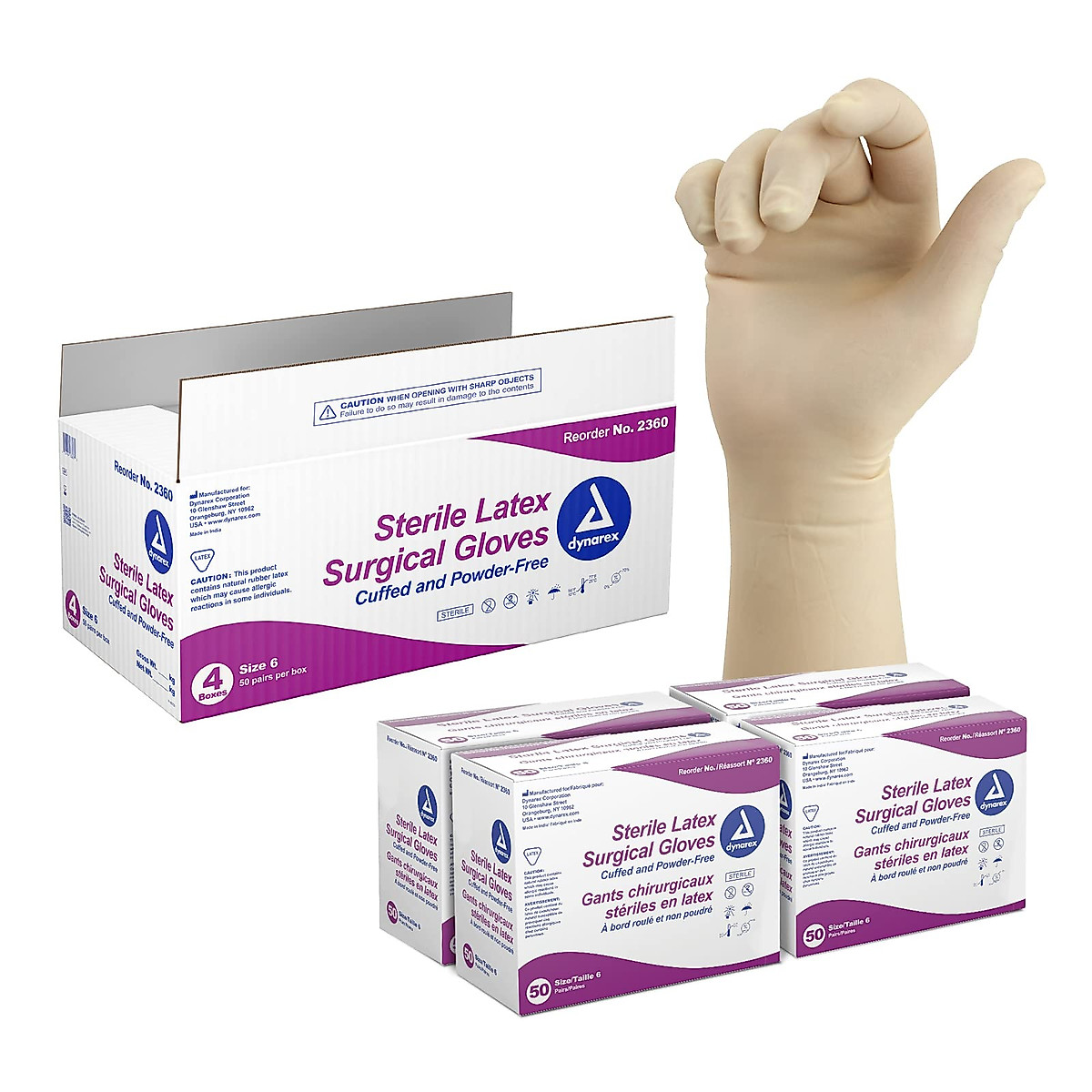 Dynarex Sterile Disposable Latex Surgical Gloves, Powder-Free, Sterilely Packaged in Pairs, Medical & Healthcare, Bisque, Size 6, 1 Case of 200 Pairs