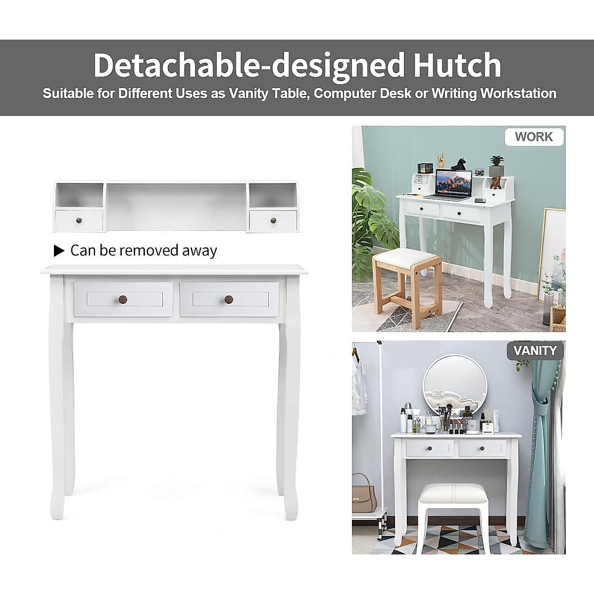 DMAITH Small Writing Desk with Hutch, 32 Inch Home Office Desk with Drawers, Study Table Computer Desk for Student, Vanity Makeup Dressing Table Save Space for Bedroom, White