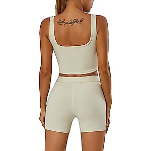 Women's 2 Piece Casual Workout Outfits Ribbed Knitted Yoga Tank Top High Waist Shorts Tracksuit Active Wear Set