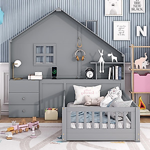 Floor Bed with Rails and House Shape Headboard, Twin Size House Beds with Storage Drawers and Shelves, Kids Montessori Bed with Charging Station for Girls Boys, USB Port & Outlets, Gray