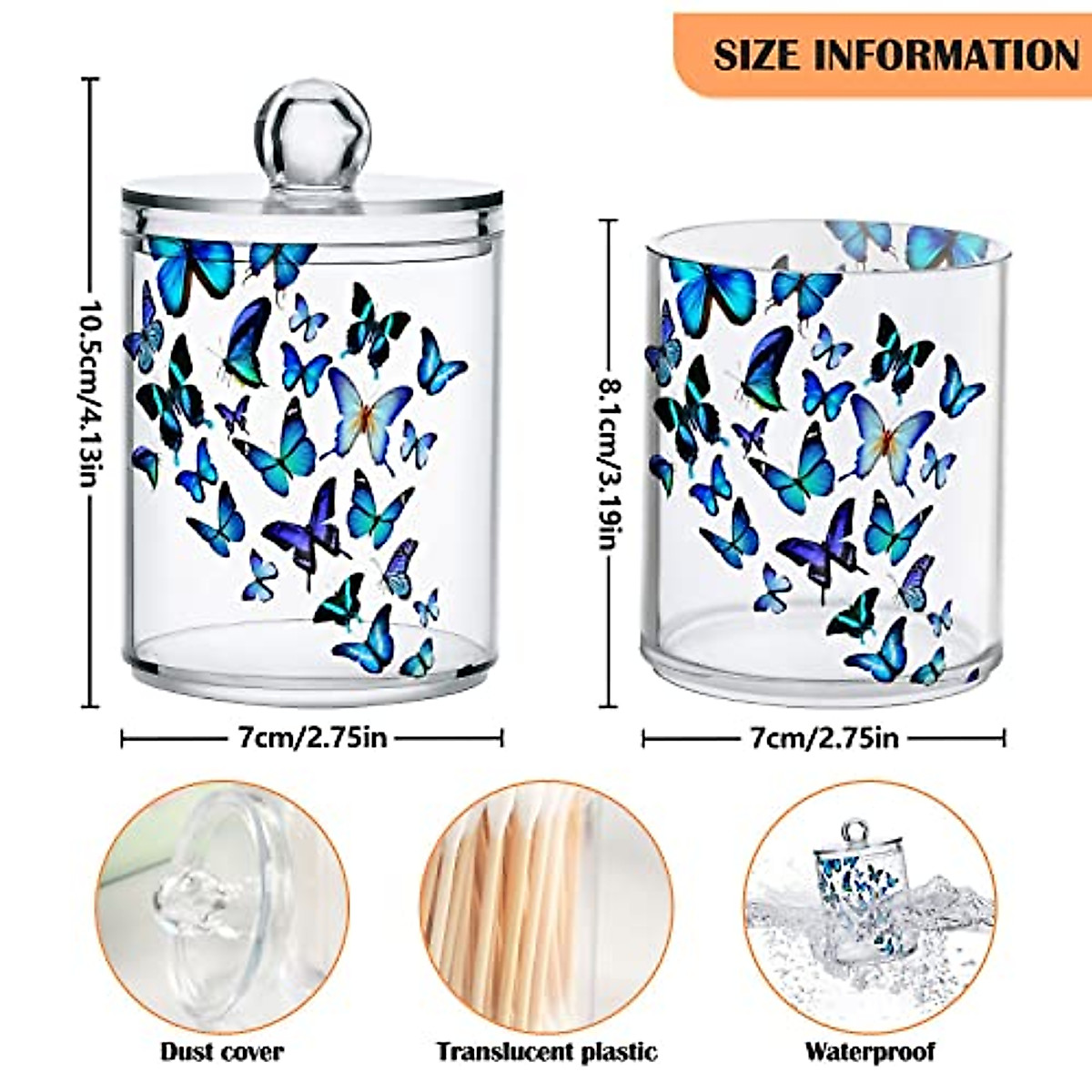 ZOEO Bathroom Canister Set of 2, Butterfly Dream Magic Blue Clear Plastic Jars Holder Dispenser Farmhouse Sugar Storage Countertop With Airtight Lids, Kitchen Theme Decor