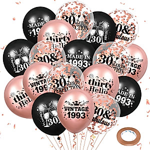 30th Birthday Balloons 18Pcs Rose Gold and Black 1993 Balloons Party Decorations 12 inch Confetti Latex Balloons Birthday Party Supplies for Women Vintage Balloons for 30th Birthday Anniversary Party
