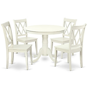 East West Furniture ANCL5-LWH-W 5 Piece Dining Table Set for 4 Includes a Round Kitchen Table with Pedestal and 4 Kitchen Dining Chairs, 36x36 Inch, Linen White