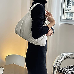 Puffer Bag for Women, Cotton Designer Handbags Purse for Women Soft Fashion Ladies Shoulder Bags Tote Handbag (White)