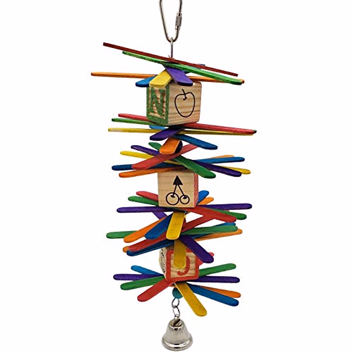 Tropical Chickens Chewing Stick with Wood Block Toy - Multicolored Natural Eco-Friendly Enrichment Toy with Bell for Bird Enrichment Conure Lovebird Cockatiels Small and Medium Birds