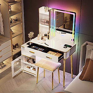 FREDEES Lighted Vanity Mirror Set with Touch Screen, Drawers, and Stool - White