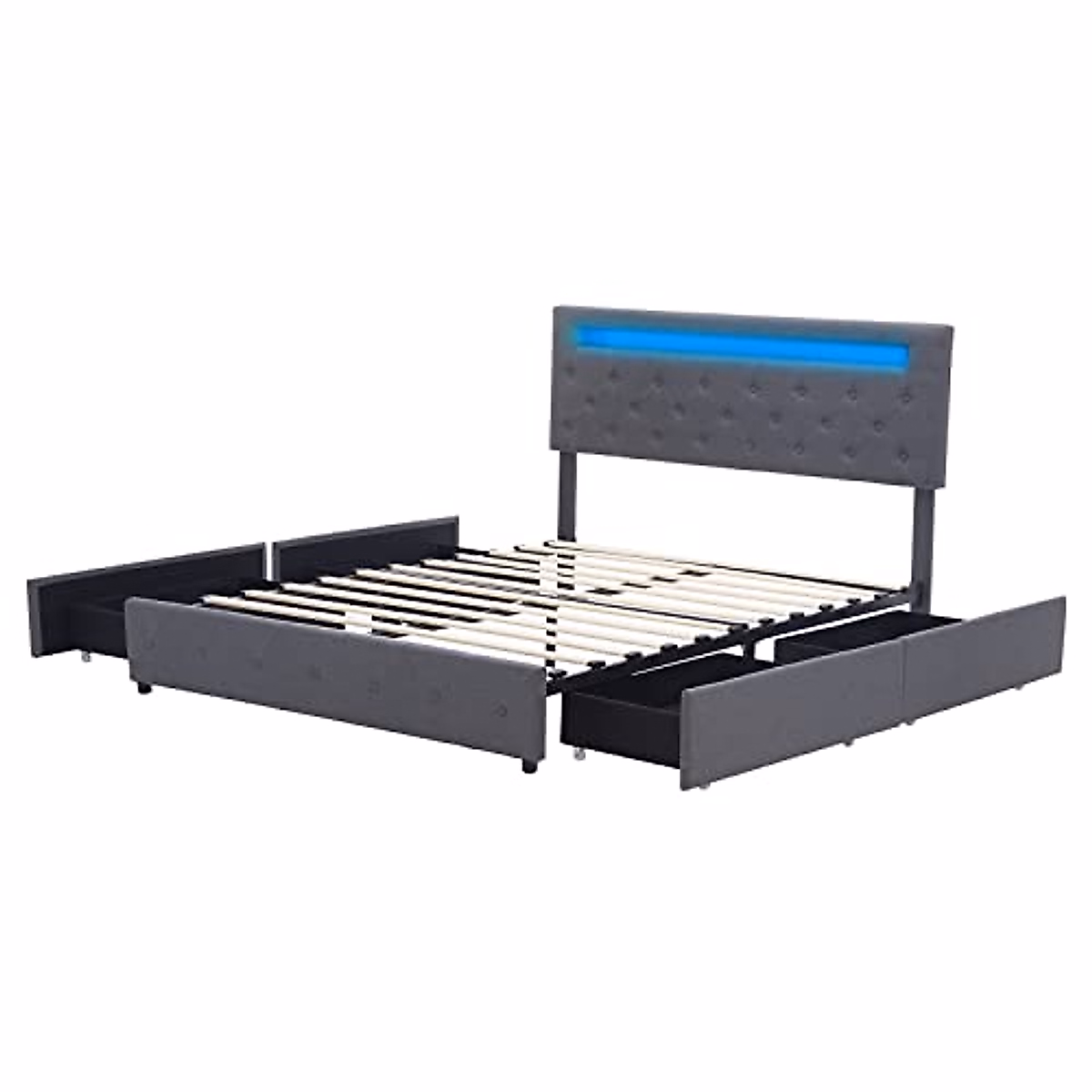 HOMFAMILIA Queen Bed Frame with Headboard and Drawers, LED Bed Frame with Adjustable Storage & LED Lights Headboard, Upholstered Platform Bed with 2 USB Ports, No Box Spring Needed, Dark Grey