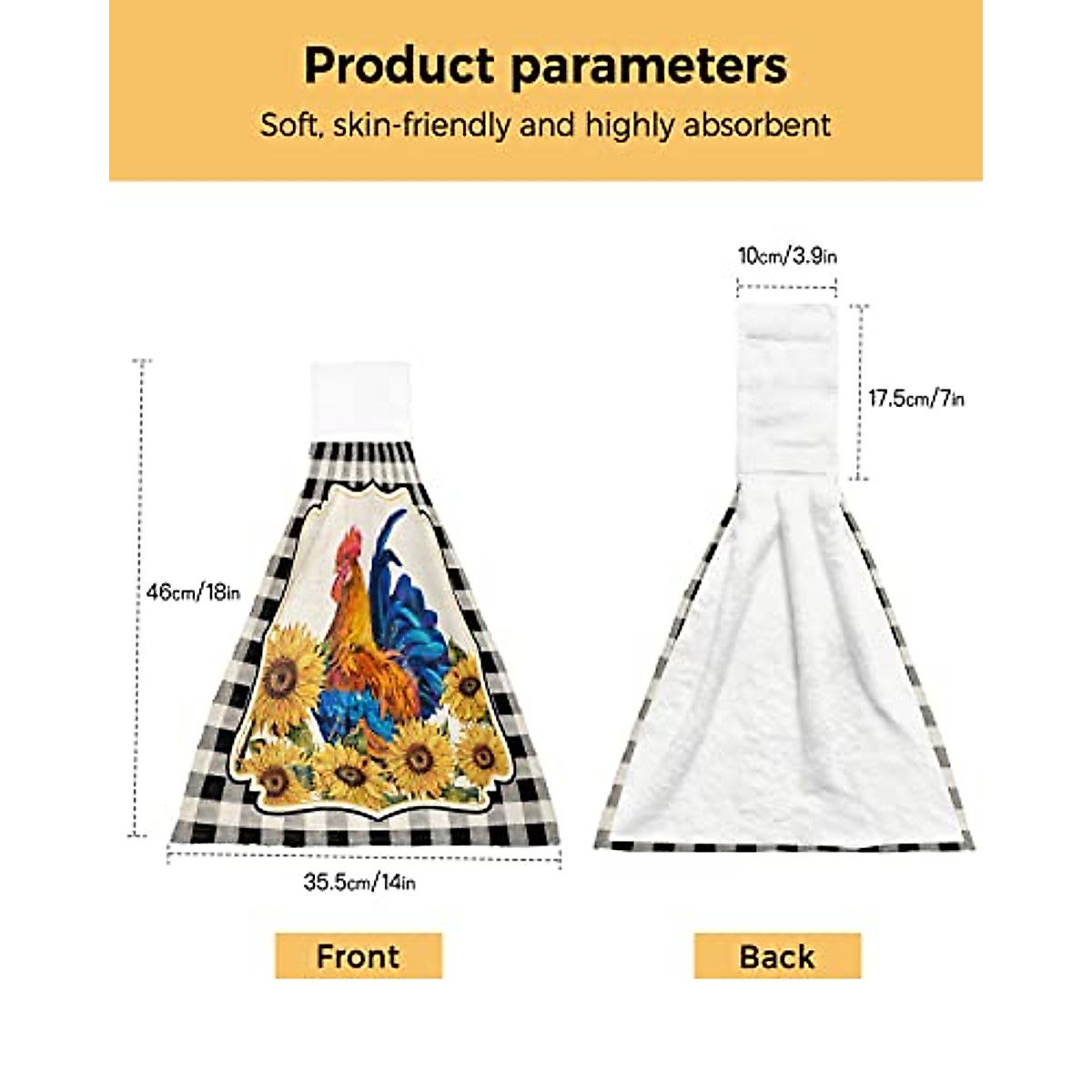 MUSEDAY Hand Towels for Bathroom Kitchen Farm Rooster with Sunflower Black Buffalo Plaid American Country Style Decorative Hanging Hand Towels Set Soft Tea Bar Tie Towel Washcloth