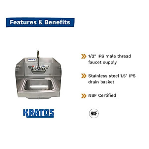 Kratos 28W-091 NSF Commercial Hand Sink with Gooseneck Faucet - 9"Wx9"Dx5"H Bowl - 7-3/4" Side Splashes