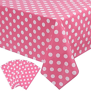 Kesfey 5 Packs Pink Polka Dot Tablecloth 54 x 108 Inch Minnie Mouse Table Cloths Pink and White Balloon Dots Minnie Theme Table Cover Disposable Plastic Rectangle Picnic Tablecovers for Birthday Party