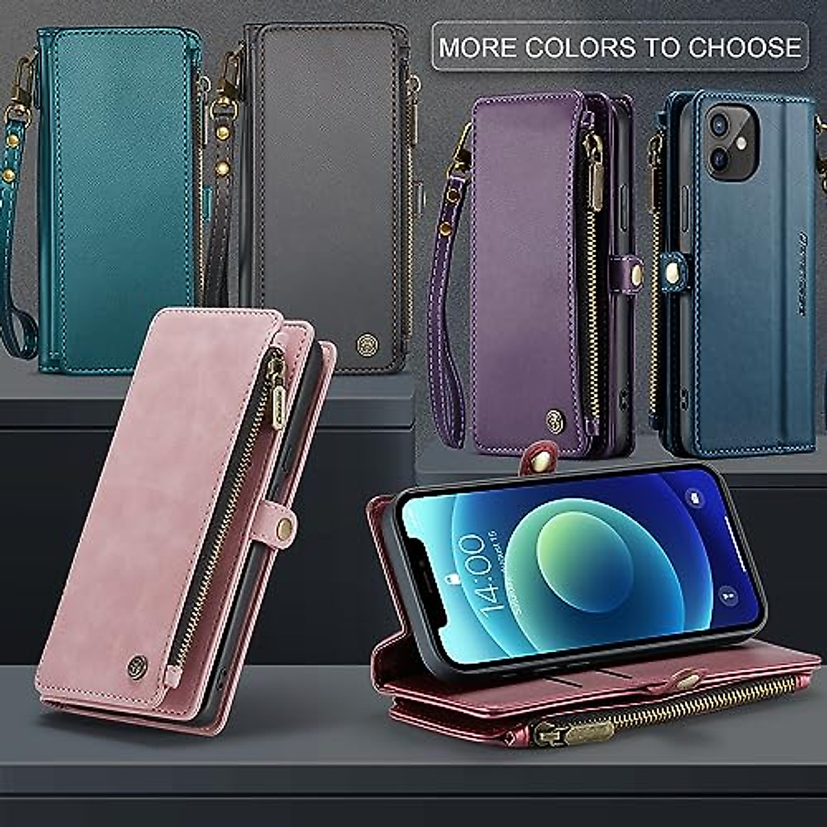 Defencase iPhone 12/12 Pro Case, RFID Blocking iPhone 12 Wallet Case for Women Men with Card Holder, Zipper Pocket Magnetic Flip PU Leather Strap Protective Cover for iPhone 12/Pro Phone Case, Purple