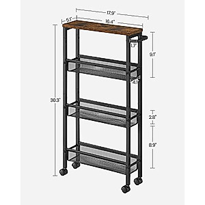 VASAGLE Slim Storage Cart, 4-Tier Rolling Cart Tower, Slide Out Cart with Handle Metal Mobile Shelving Unit for Kitchen Dining Living Room Office Narrow Places, Rustic Brown and Black ULRC032B01V1