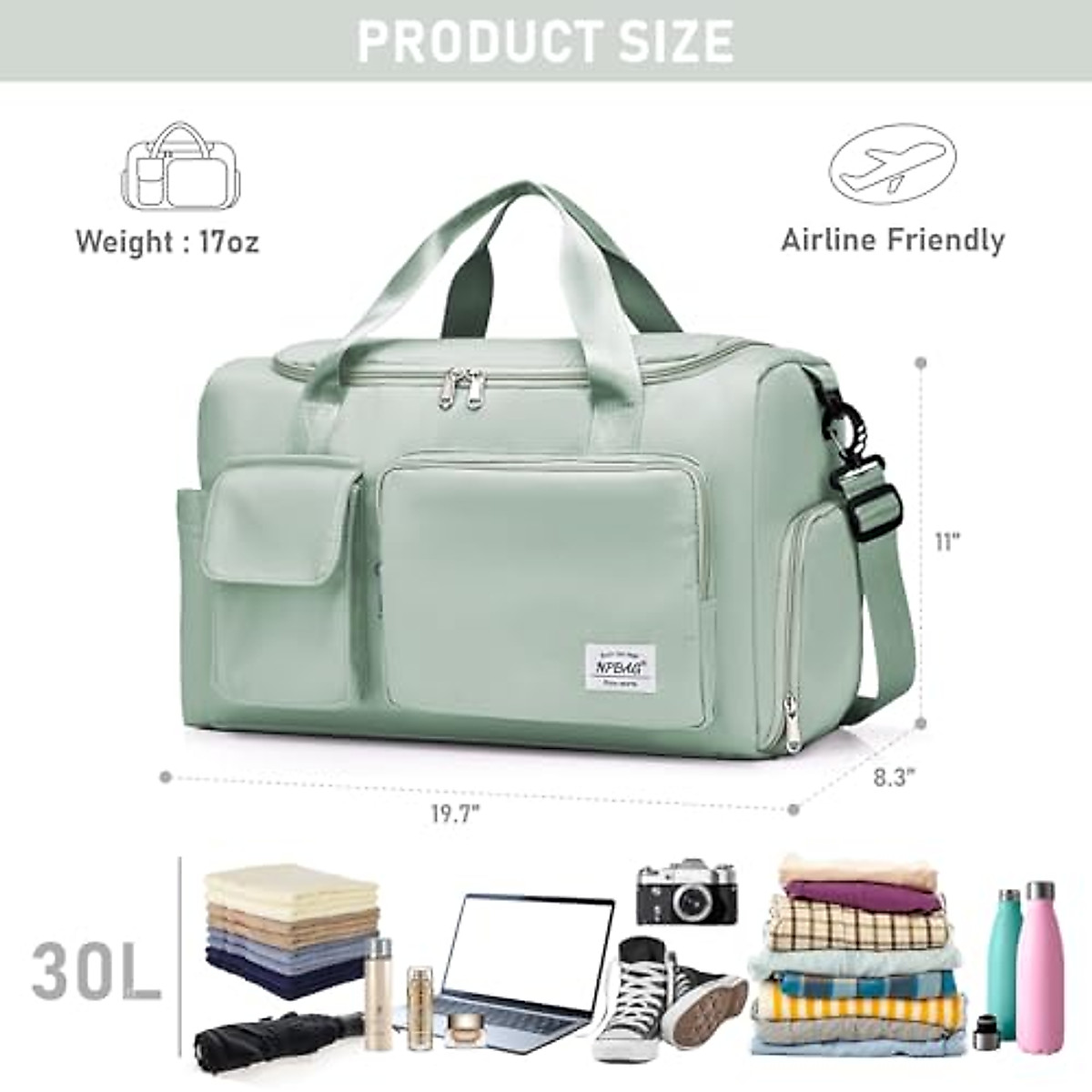 NPBAG Duffel Bag for Women, Sports Gym Bag with Wet Pocket & Shoes Compartment, Lightweight Weekender for Overnight, Travel Carry on Tote, Water Resistant (Light Green)