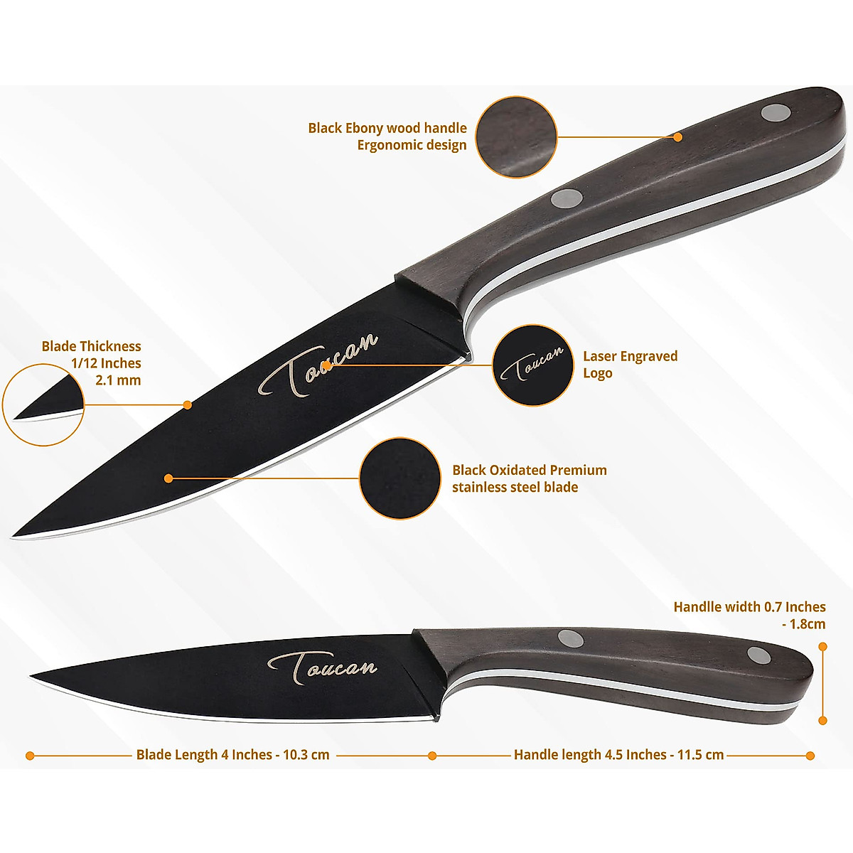 TOUCAN Black Paring Knife – Professional Kitchen Knife for Fruits and Vegetables – Premium Stainless Steel with Ergonomic Handle – 4-inch Blade for Chopping, Cutting, Peeling