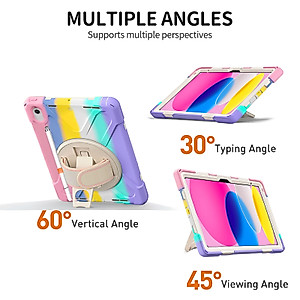 Weuiean Case for iPad 10th Generation 10.9” with Stylus, Military Grade Heavy Duty Shockproof Cover -Pencil Holder -Rotating Stand -Hand/Shoulder Strap - Colorful Pink