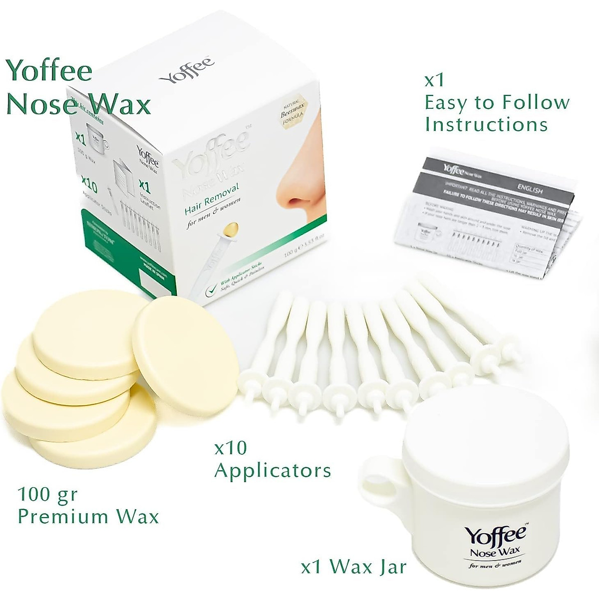 Yoffee Nose Wax Kit - Natural Bio-Beeswax & Aloe Vera Made Nose Waxing Kit for Men & Women - 10 Reusable Nostril Waxing Sticks - Painless Nose Hair Wax Removal - - Paraben & Phthalates Free
