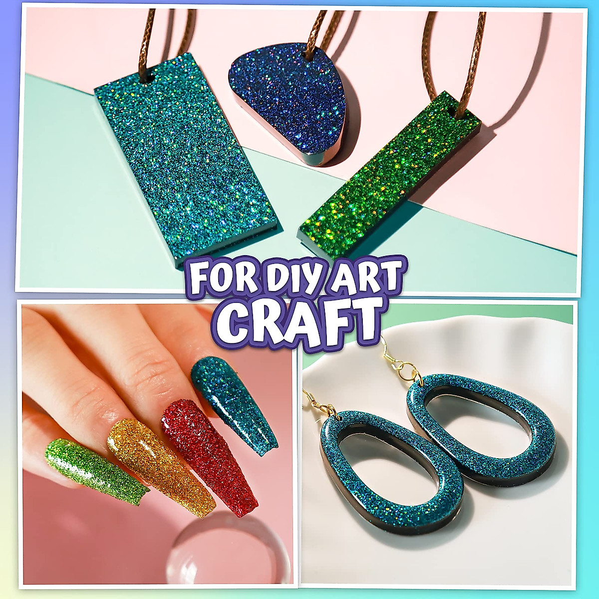 Holographic Fine Glitter, LEOBRO 15 Colors Extra Fine Resin Glitter Powder, Craft Glitter for Resin Jewelry Art Crafts Making, Cosmetic Glitter for Nail Body Face Hair, with 10 PCS Stir Spoons