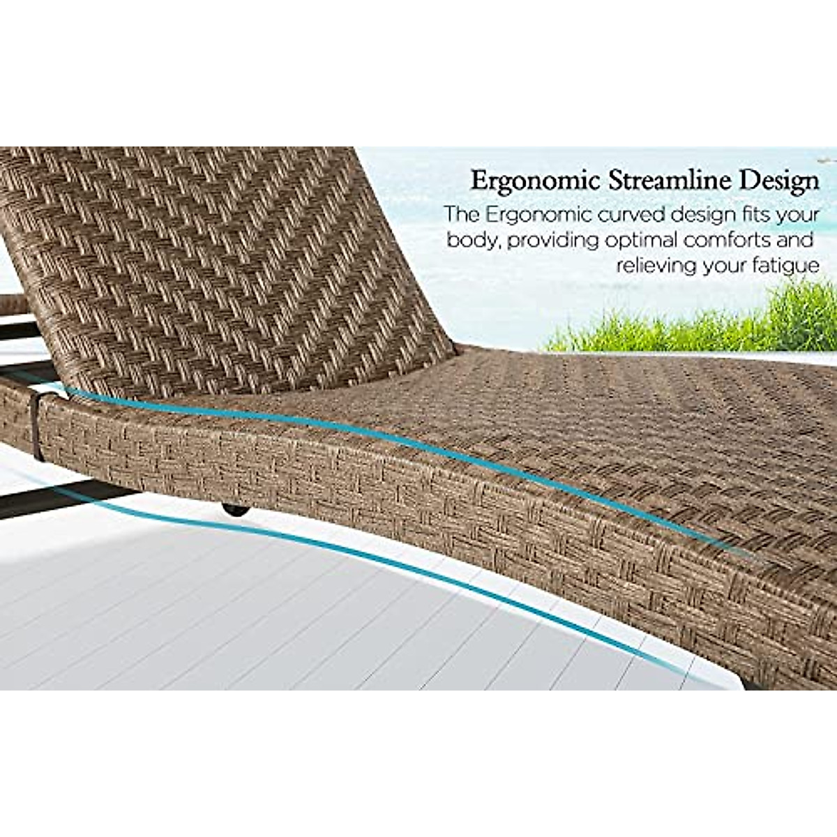 Ulax Furniture Outdoor Wicker Chaise Lounge Adjustable Padded Patio Reclining Chaise Lounger Chairs with Non-Rust Aluminum Frame and Wheels, Set of 2