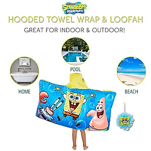 Franco Spongebob Squarepants Kids Bath/Pool/Beach Soft Cotton Terry Hooded Towel Wrap and loofah Set, 24 in x 50 in (Official Nickelodeon Product)
