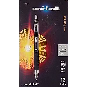 uni-ball Signo Gel 207 Roller Ball Retractable Gel Pen, Black Ink, Medium, Dozen