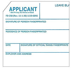Crime Scene Fingerprint Cards, Applicant FD-258 (250 Pack)
