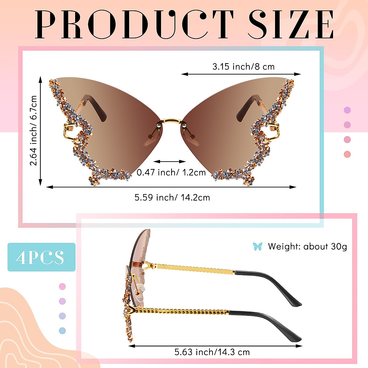 Xuhal 4 Pairs Rimless Butterfly Sunglasses Rhinestone Bling Sun Glasses Trend Gradient Butterfly Shaped Sunglasses for Women(Purple, Pink, Slate Blue, Brown)