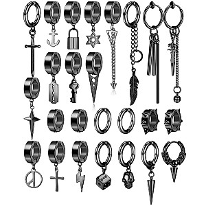 Thunaraz 25 Pcs Clip on Earrings for Men Stainless Steel Cross Chain Dangle Earrings Black Fake Earrings for Men Women Non Pierced Huggie Hoop Earrings Set