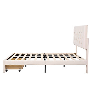 Altillo Full Size Velvet Upholstered Platform Bed Frames with Large Storage Drawer, Mid-Century Modern Platform Bed with Solid Wood Slat Support for Bedroom Boys Girls, Under Bed Storage, Beige