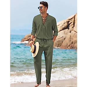 COOFANDY Men's 2 Piece Linen Sets Casual Long Sleeve Shirt and Loose Pants Set Beach Vacation Outfits, Army Green, Large