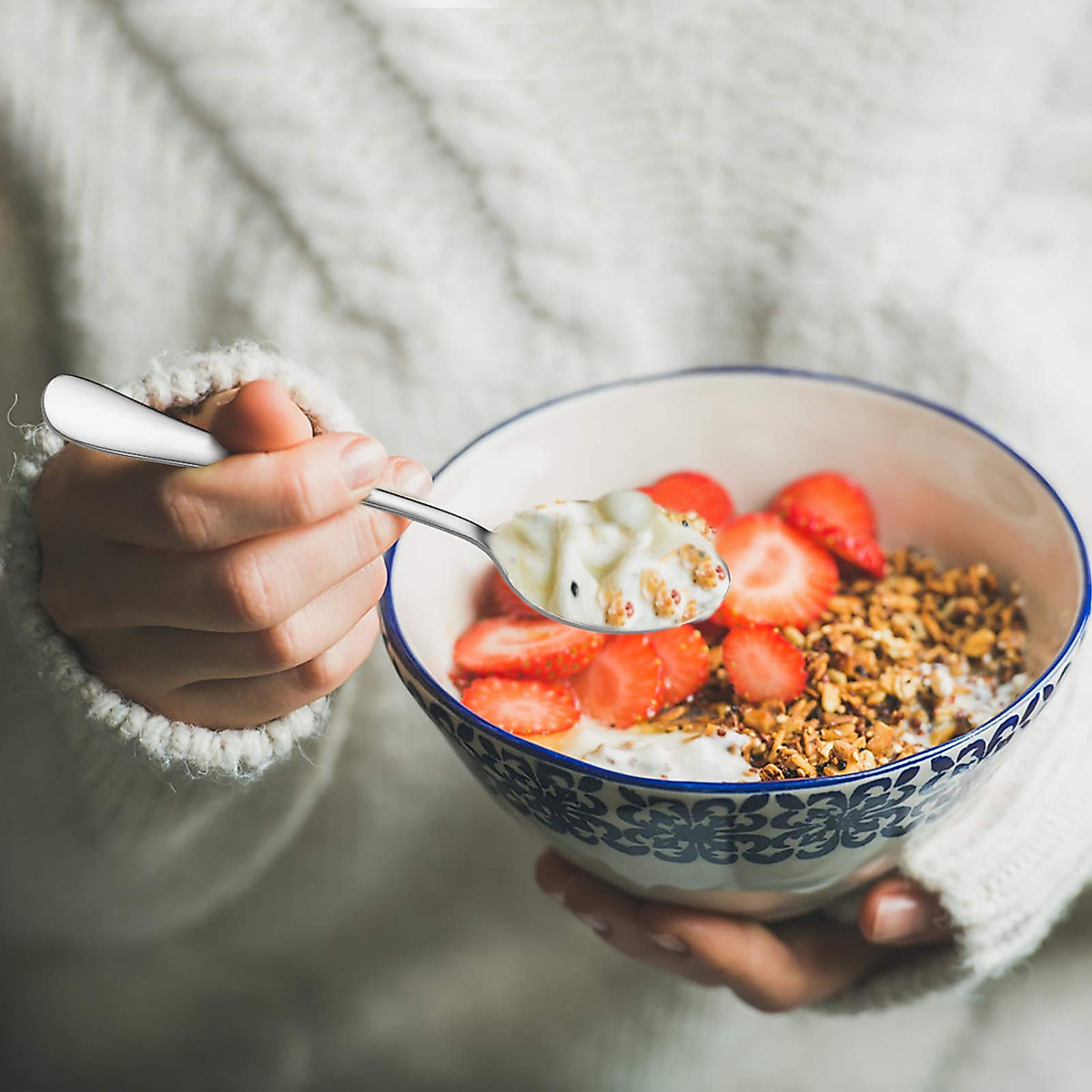 E-far Stainless Steel Teaspoons Set of 12, Modern Silverware Flatware Dessert Spoons for Home, Kitchen, Restaurant, Round Edge & Mirror Polished, Dishwasher Safe - 6.7 Inches