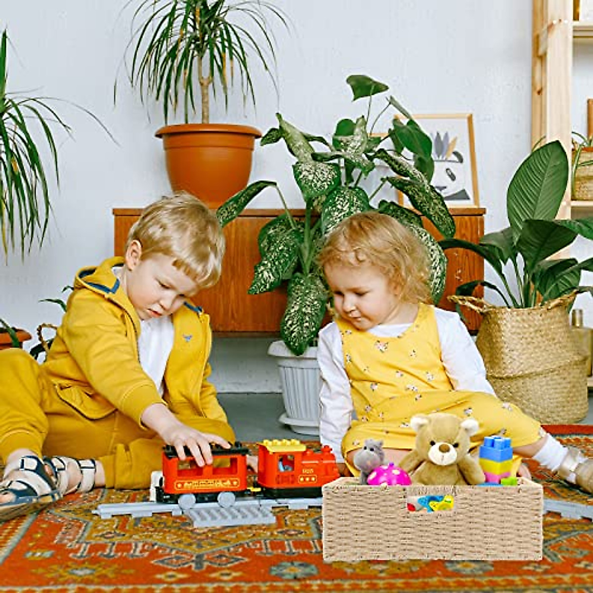 Healifty Rattan Storage Basket Countertop Rectangular Wicker Basket with Handles Book Cosmetic Sundries Holder Hand Woven Basket for Home Office