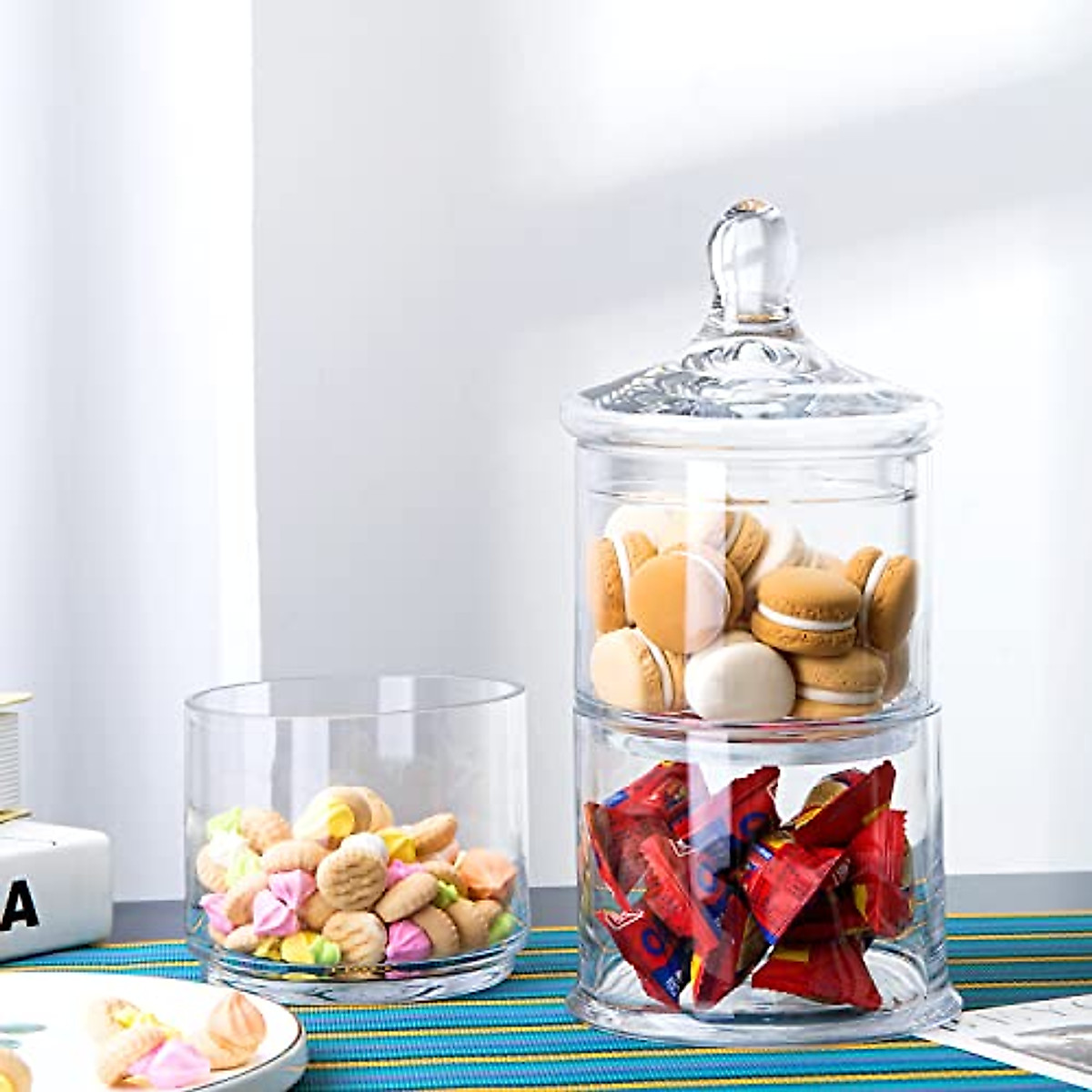 Diamond Star Clear 3 Tier 17 inch Stacking Apothecary Jars, Decorative Round Stackable Snack Storage Canister with Lid for Sweets, Animal Treats, Dry Foods, Fruit, Nuts, Coffee Bean and Building Blocks