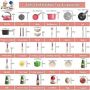 28℃ 32PCS Play Kitchen Accessories Toy,Kids Pretend Cooking Toys with Play Pots and Pans,Toddler Pretend Cooking Playset with Vegetables,Play Kitchen Toys for Girls Boys(Red).