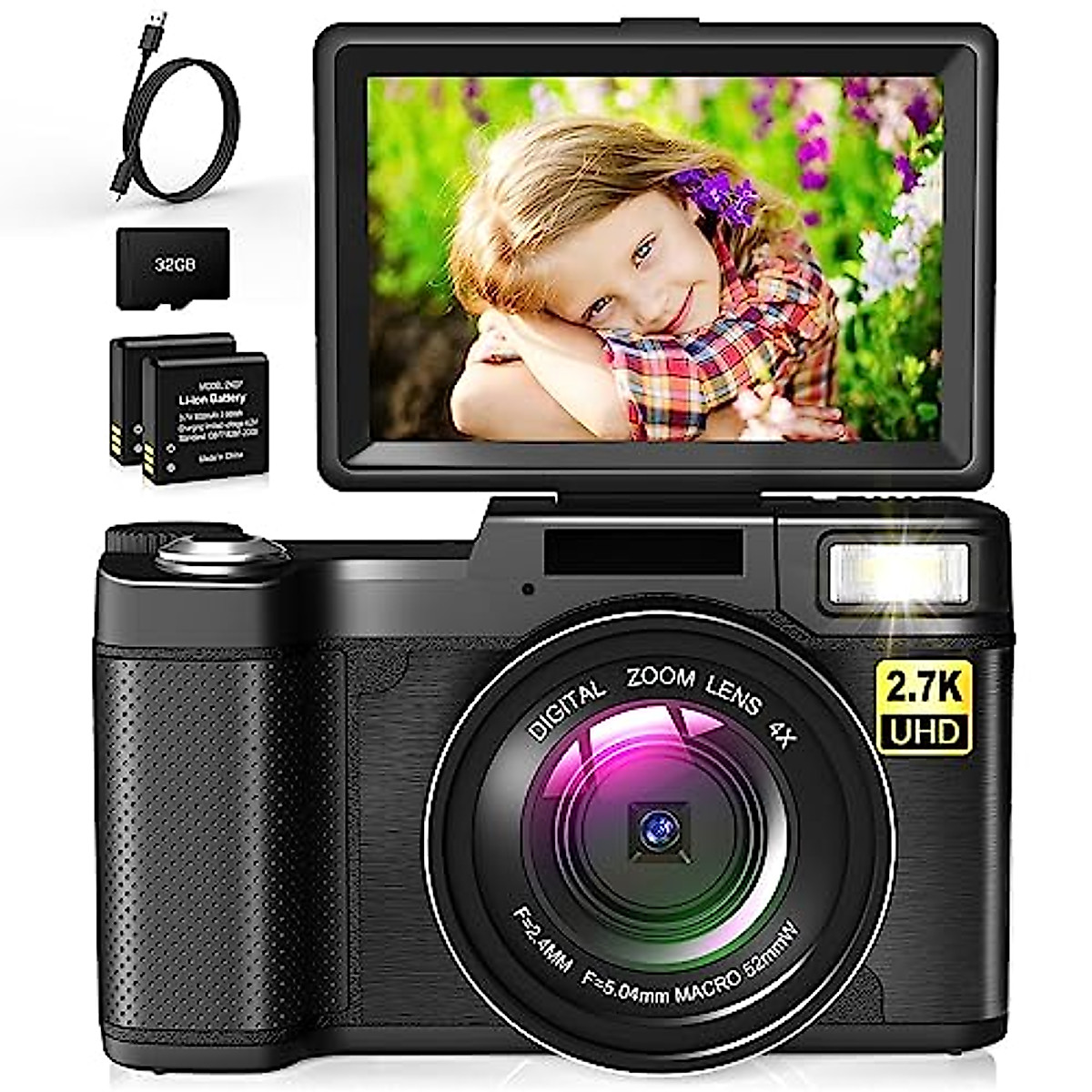 Digital Camera for Photography FHD 2.7K 30MP Vlogging Camera for YouTube, Point and Shoot Cameras with 3 Inch 180 Degree Flip Screen, 32GB TF Card Portable Small Camera for Teens Kids Seniors