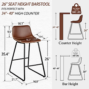 HeuGah Bar Stools Set of 4,Faux Leather Counter Height Bar Stools,26" Bar Chairs with Back,Modern Counter Stool for Kitchen Island