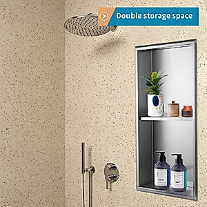 Sanbege 12"×24" Shower Niche with Divider, Brushed Stainless Steel Bathroom Shelf Insert, Double Recessed Shower Caddy Fits for 10-7/8" x 22-7/8" Wall Hole Installation (Nickel)