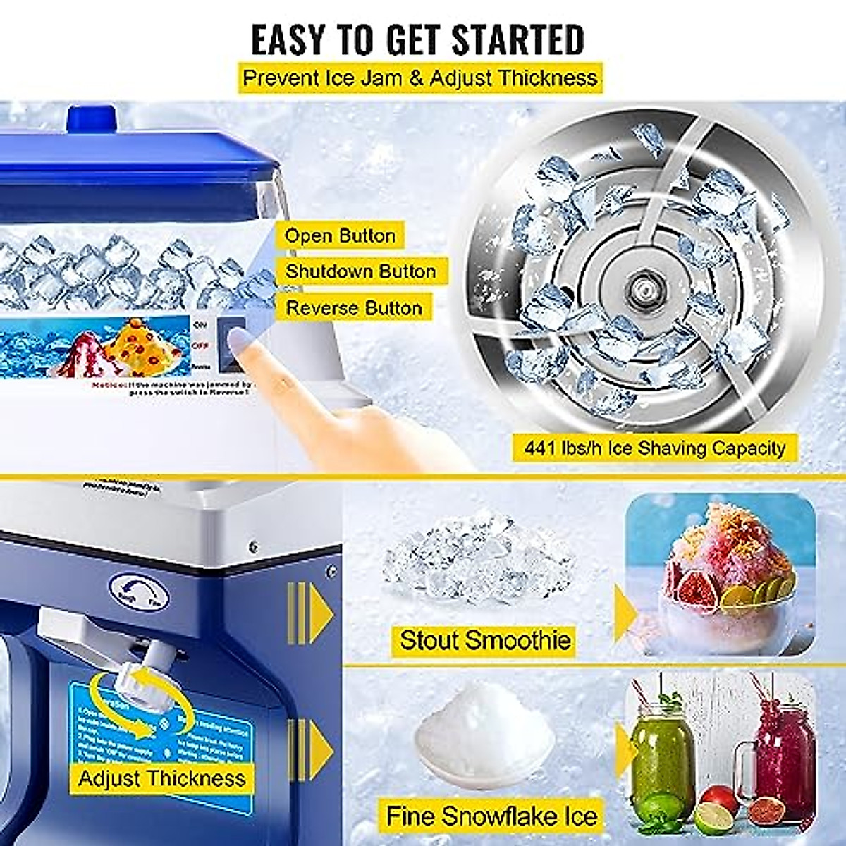 VEVOR 110V Commercial Ice Shaver Crusher 441LBS/H with 11LBS Hopper, 300W Tabletop Electric Snow Cone Maker 320 RPM Rotate Speed Perfect For Parties Events Snack Bar