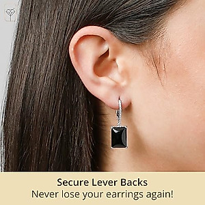 MAX + STONE Emerald Cut Black Onyx Dangle Earrings for Women in 925 Sterling Silver with Leverback and White Topaz Halo Accents 14mm Decemebr Birthstone