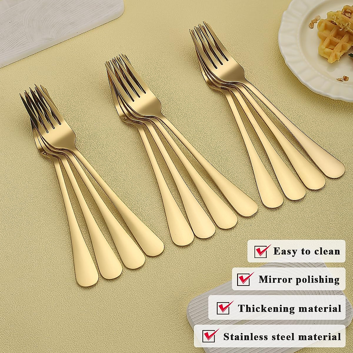 ReaNea Gold Dinner Forks 24 Pieces, Stainless Steel Titanium Gold Plating Table Forks for Home, Restaurant, Wedding, Parties, Events, Daily Use