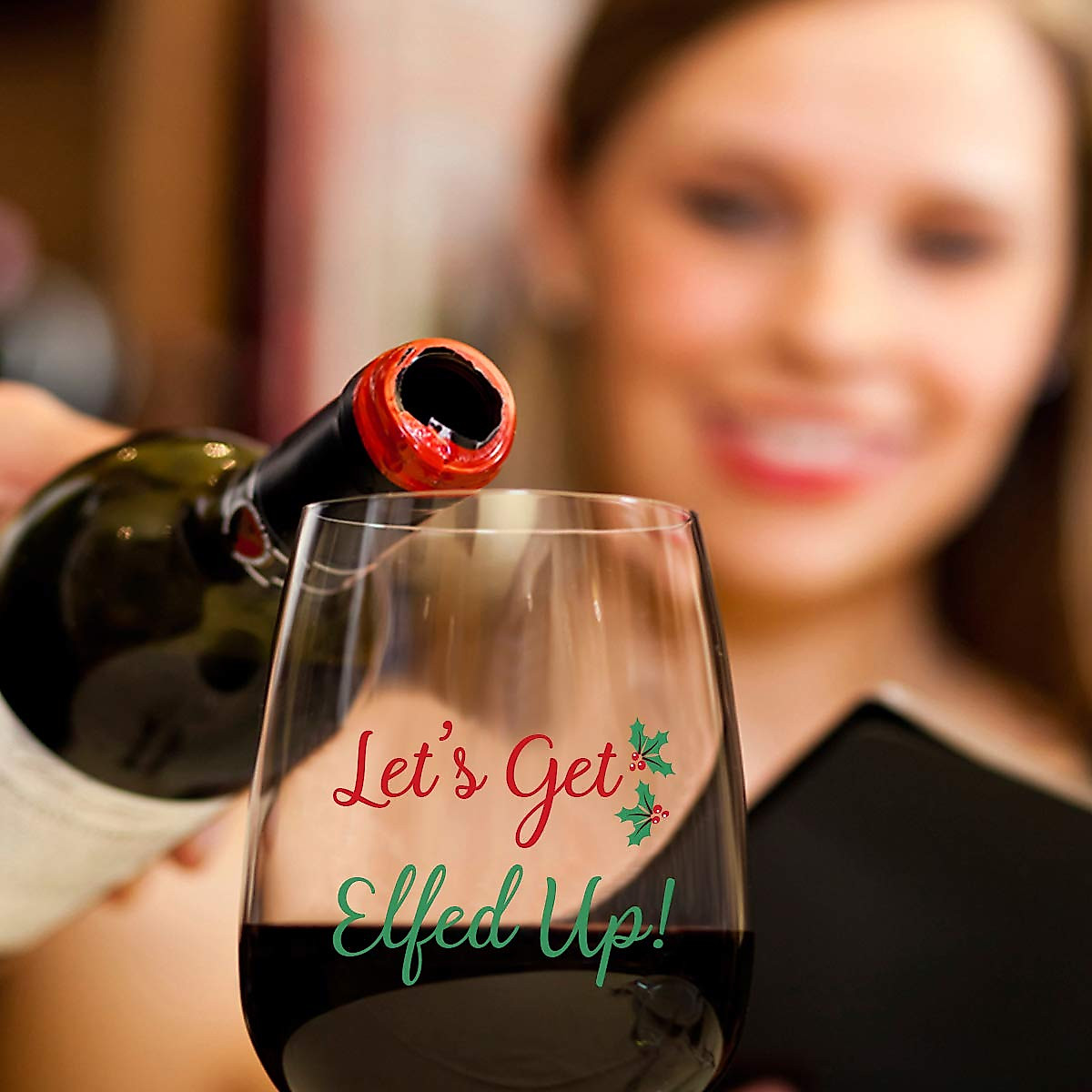 Modwnfy Funny Christmas Wine Glass Set, Let's Get Elfed Up Xmas Stemless Wine Glass for Women Friends Family Coworker, Good Wine Glasses for Christmas Wedding Birthday Party, Set of 4 (15 Oz)