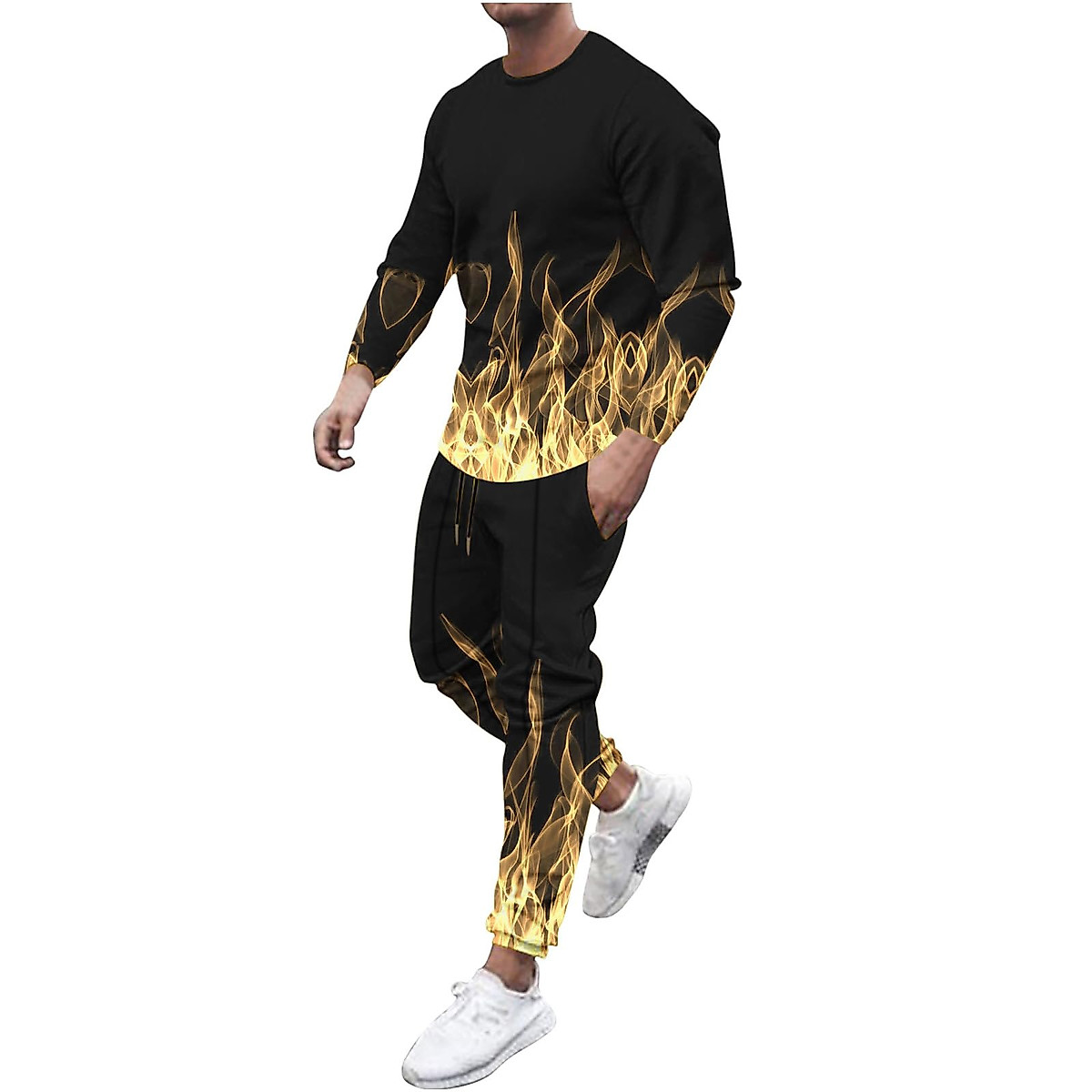 men's tracksuit 11 pieces long sleeve sets Men's Athletic 2 Pieces Tracksuit Casual 3D Flame Print Pullover Crewneck Sweatshirts Loose Sports Sweatpant Set Yellow L