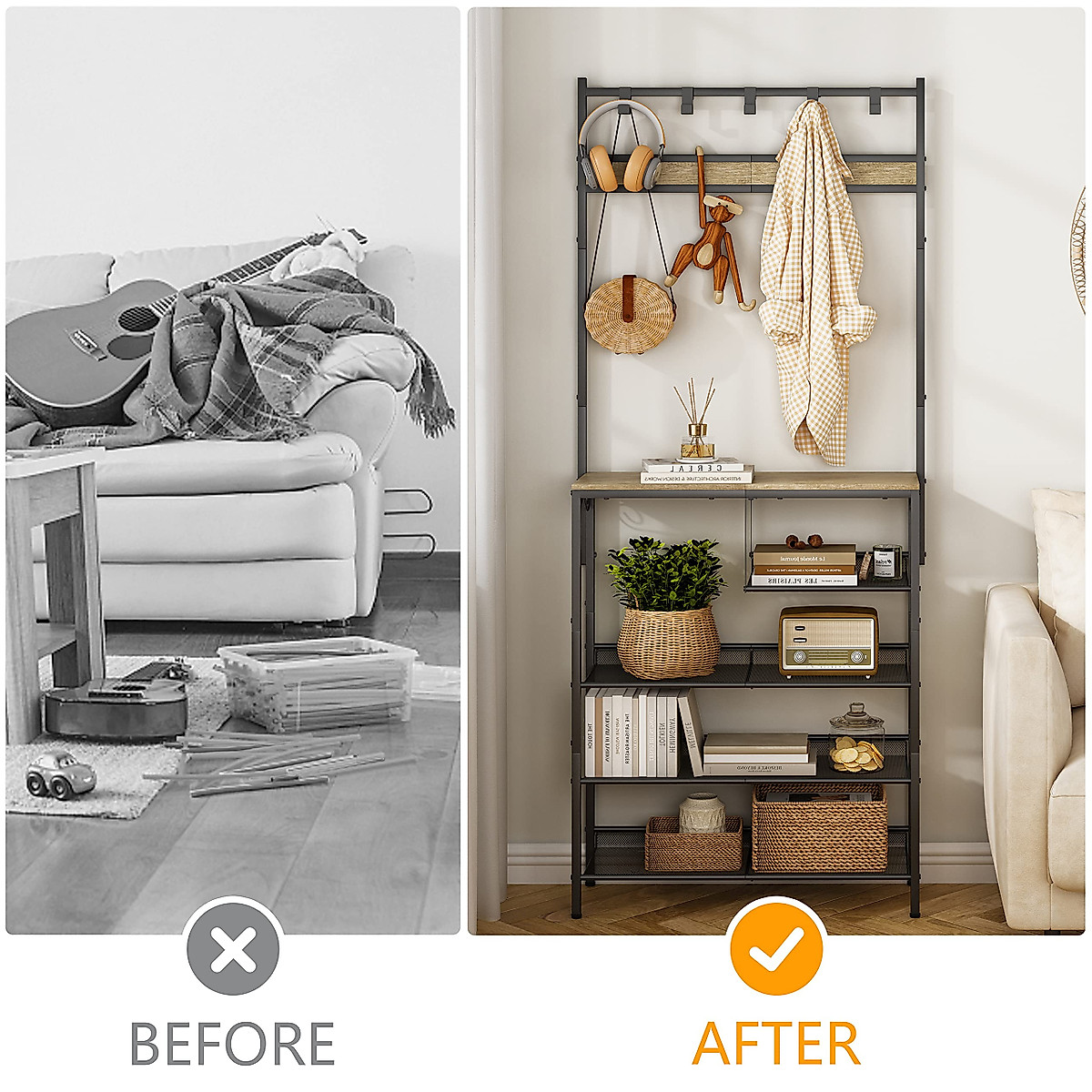 Hoctieon 5-Tier Hall Tree with Shoe Rack, Hall Trees for Entryway with Storage, Hall Tree with Bench and Shoe Storage, Mesh Slant, Greige