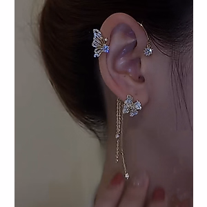 Kenjudess Vintage Crystal Butterfly Flower Ear Cuffs 2pcs Non-Pierced Sparkling Iced Out Rhinestone Butterfly Cartilage Climber Ear Wrap Prom Party Festival Ear Jewelry for Women