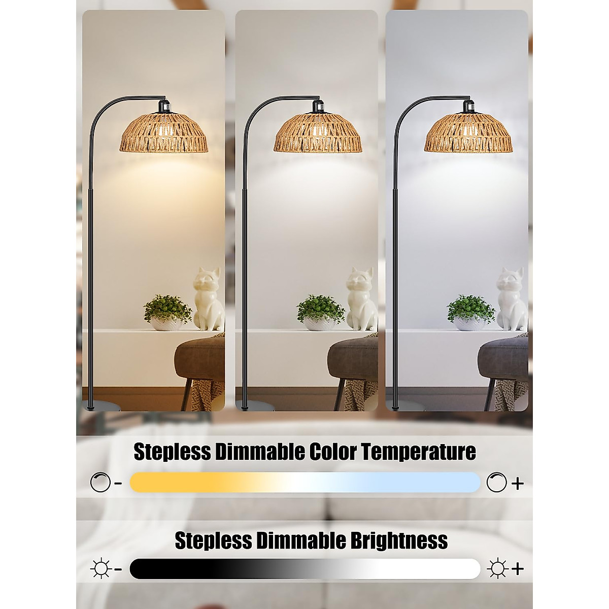 Brilvibera Modern Black Dimmable Floor Lamp with Remote Control, Hand-Worked Rattan Shades, Bohemian Style for Living Room, Bedroom, Office