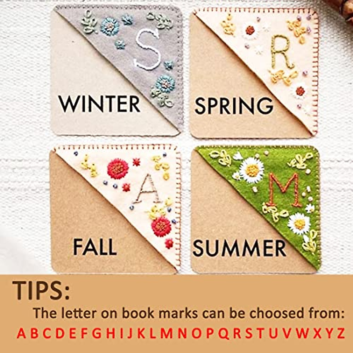 Personalized Hand Embroidered Corner Bookmarks, 26 Letter Felt Triangle Bookmarks, Book Corner Bookmarks, Bookmarks for Book Lovers (K, Summer)