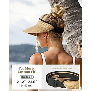 FURTALK Hat Straw Sun Visors for Women Summer Packable Ponytail Beach Hats for Travel UPF 50+ (Wide Brim Khaki, One Size)